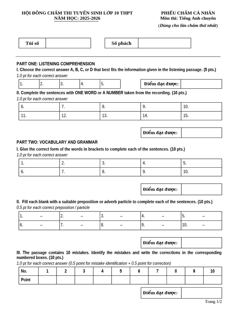 Phieu Cham Anh Chuyen Lan 1 - CT - 2526 | PDF