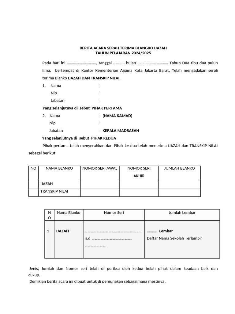 Format BA Pengambilan Blanko Ijazah | PDF