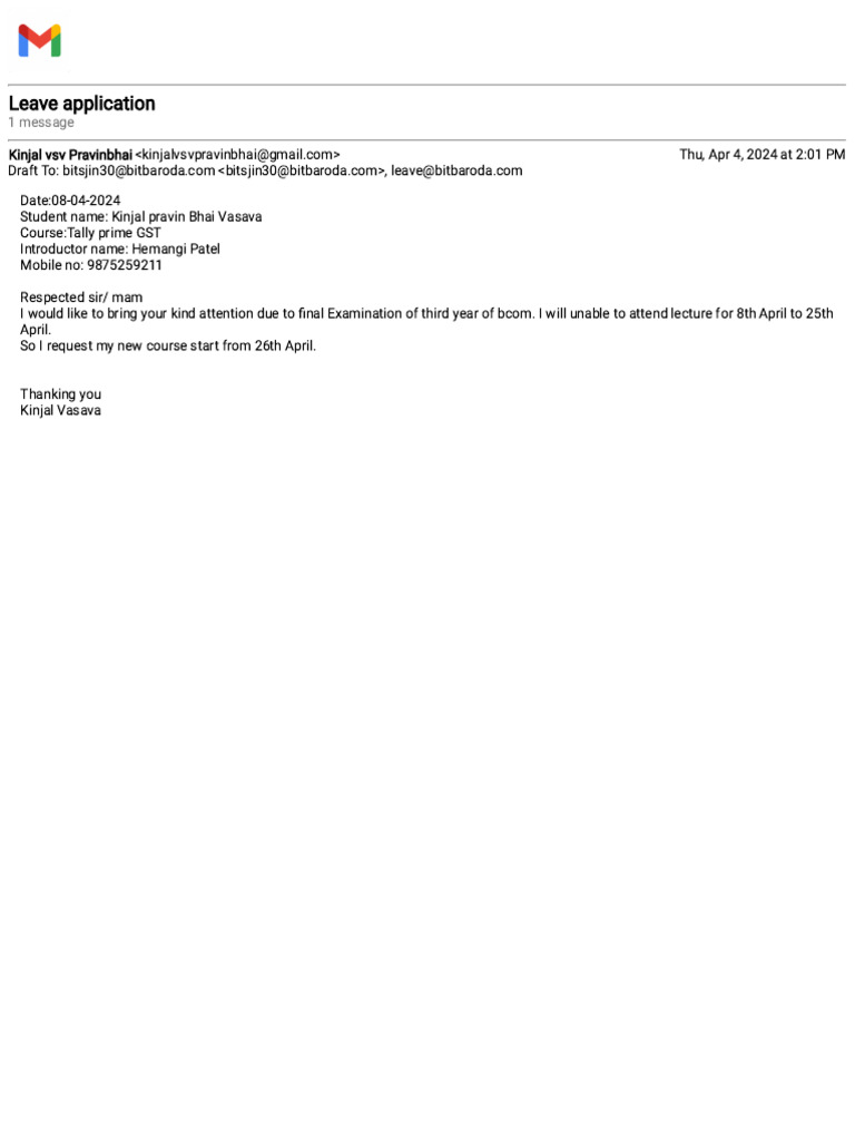 Leave Application | PDF