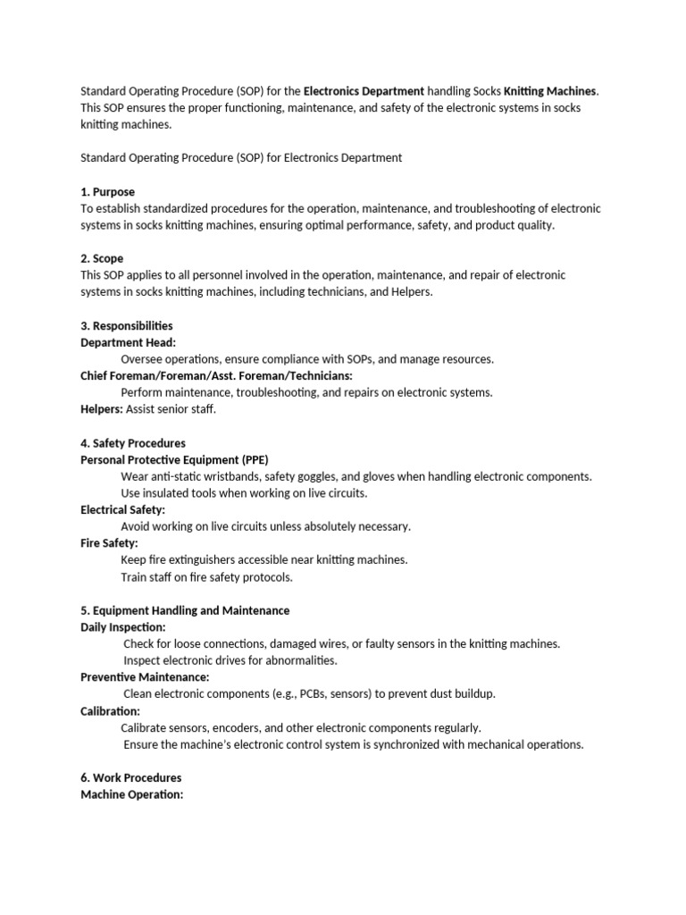 SOP for Electronics in Sock Machines | PDF | Troubleshooting | Safety
