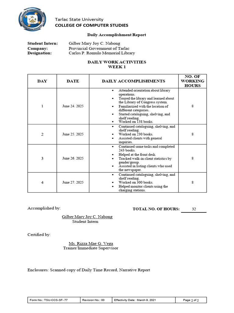 Daily Accomplishment Report: OJT Week 1 | PDF