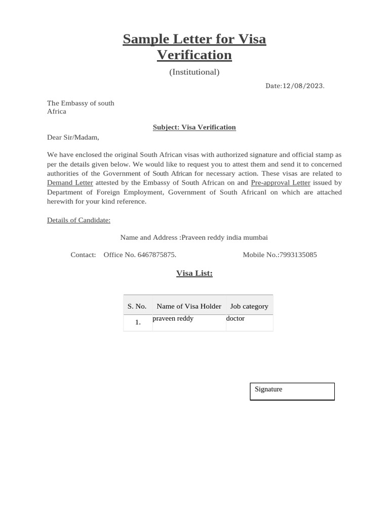 Sample Institutional Visa Verification | PDF