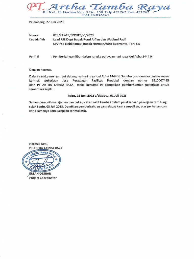 Surat Pemberitahuan Libur Idul Adha PT Atr | PDF