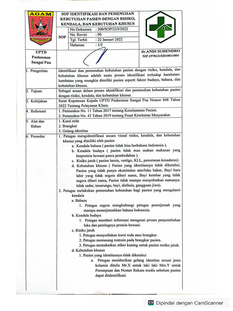 3.1.1.a.2 SOP Identifikasi Dan Pemenuhan Kebutuhan Pasien Dengan Resiko, Kendala Dan Kebutuhan ...
