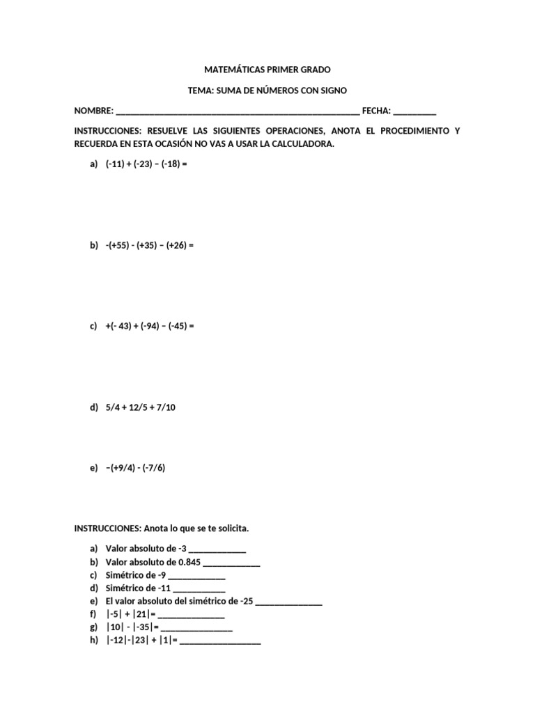 SUMAS DE NÚMEROS CON SIGNO Sencillo | PDF