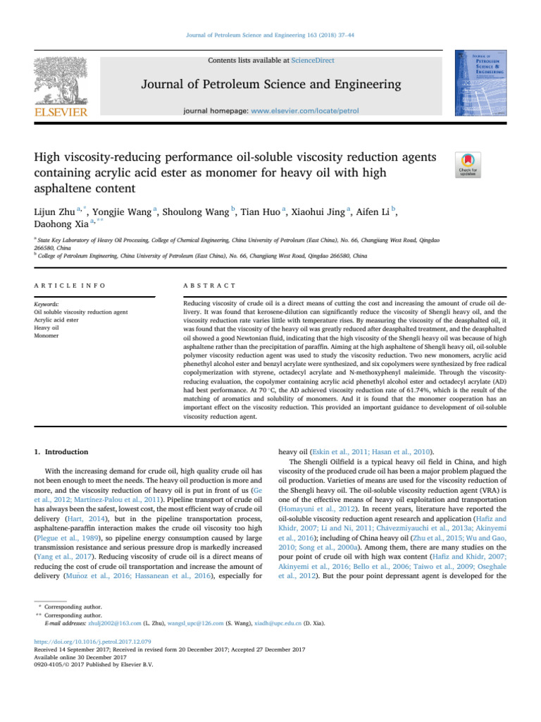 Viscosity Reduction Agents for Heavy Oil | PDF | Polymers | Copolymer