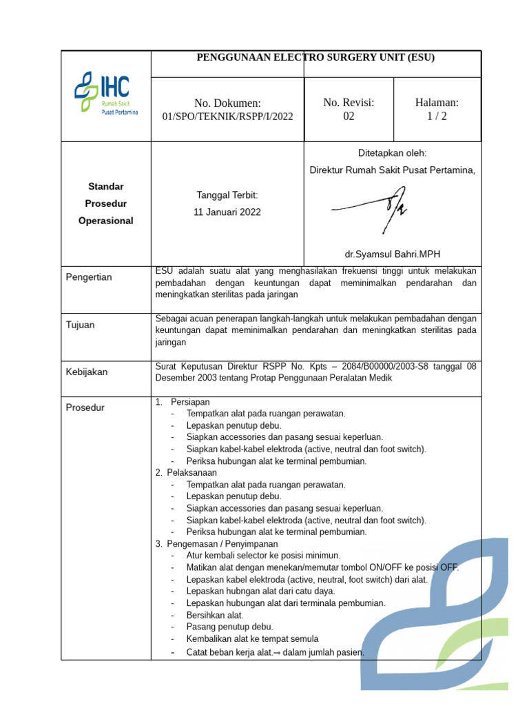 Penggunaan Electro Surgery Unit (Esu) | PDF