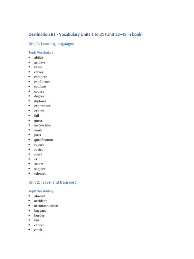 Destination B1 Vocabulary Units 1 To 21 | PDF | Cooking | Meal