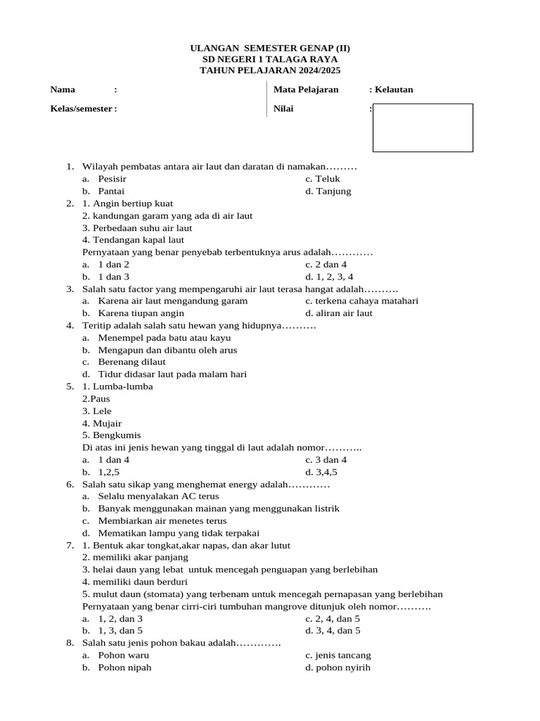 Soal Ulangan Kelautan Semester II 2025 | PDF