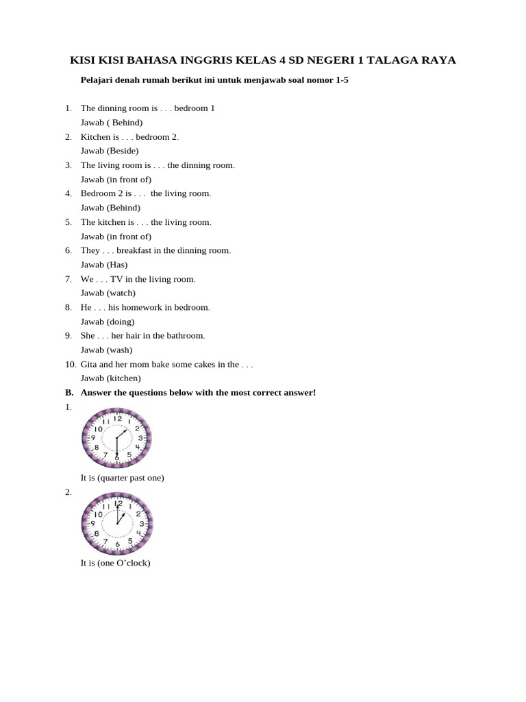 Kisi Kisi Bahasa Inggris Kelas 4 SD Negeri 1 Talaga Raya | PDF