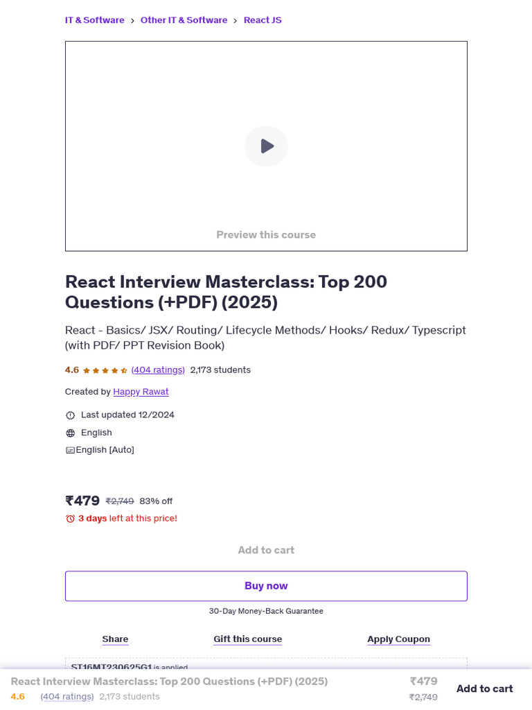 React Interview Masterclass - Top 200 Questions (+PDF) (2025) - Udemy | PDF | Java Script ...