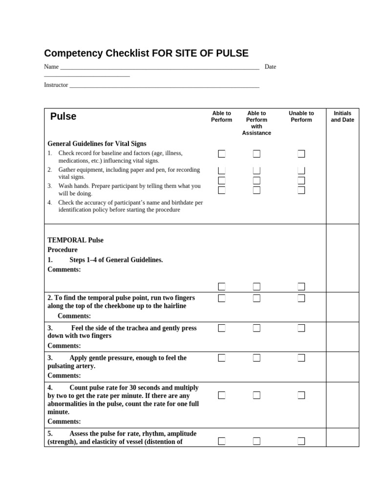 Competency Checklist FOR SITE OF PULSE | PDF | Pulse | Ankle