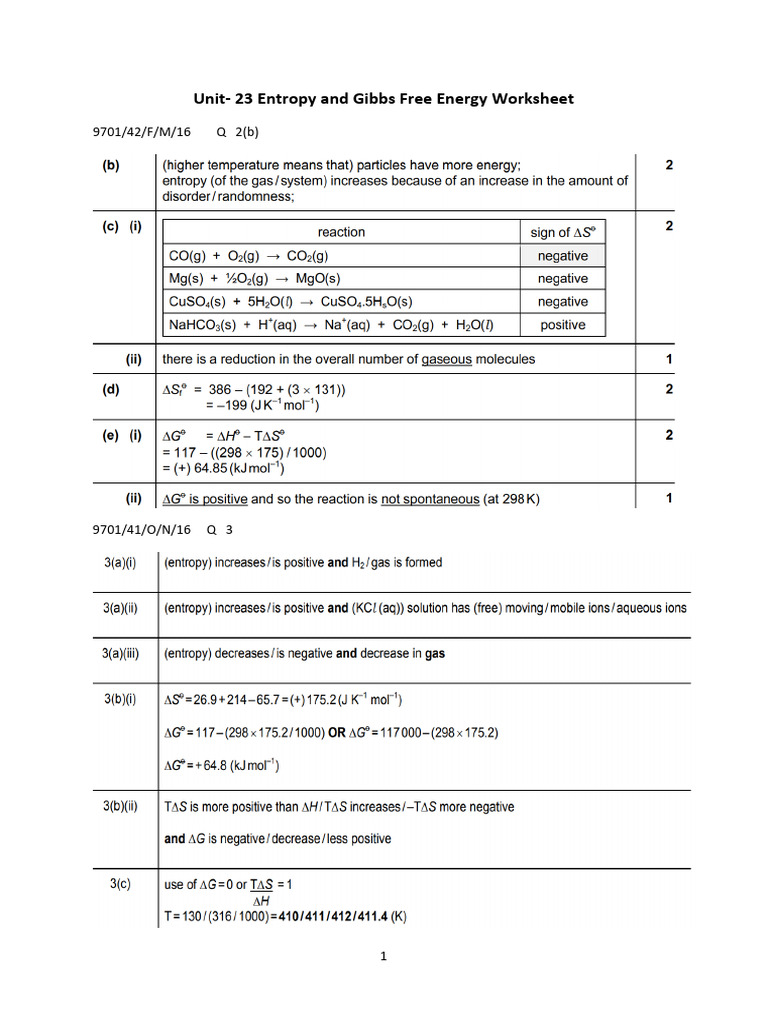 Unit-23 Entropy and Gibbs Free Energy Worksheet Marking Scheme | PDF