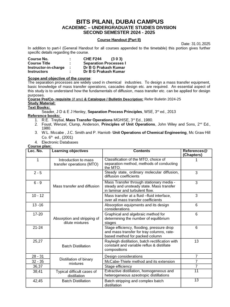 Che f244 Separation Processes I 2nd Sem 24-25 Ho | PDF | Distillation | Physical Chemistry
