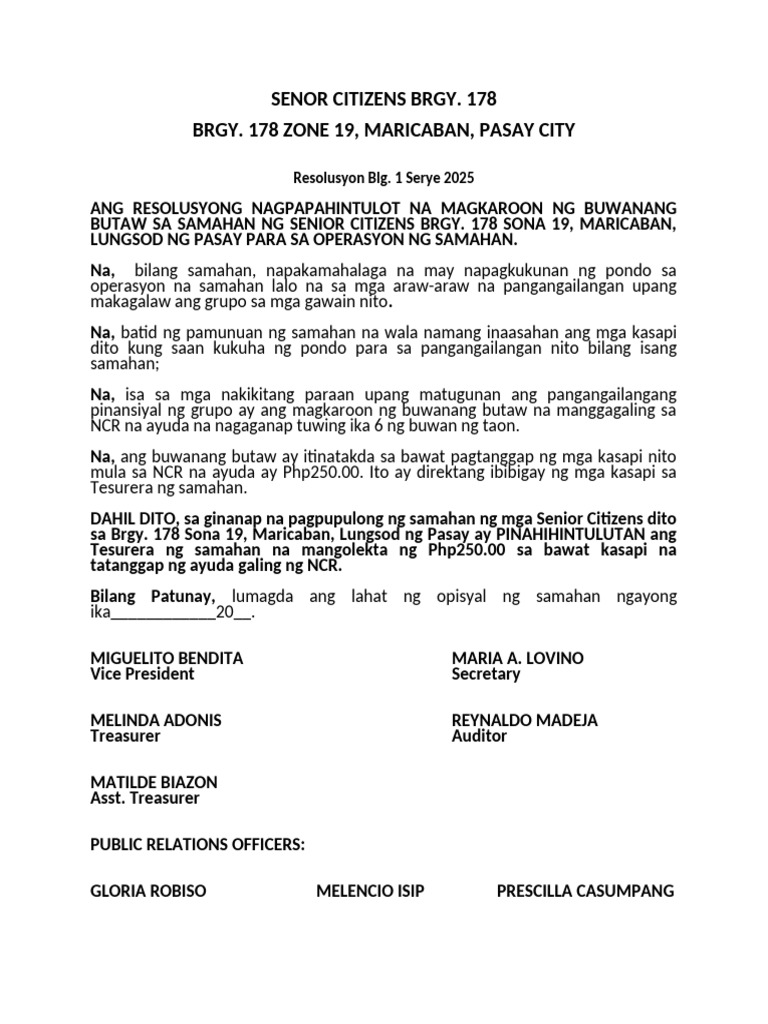 Rsolusyong Nagpapahintulot NG Butaw Senior | PDF