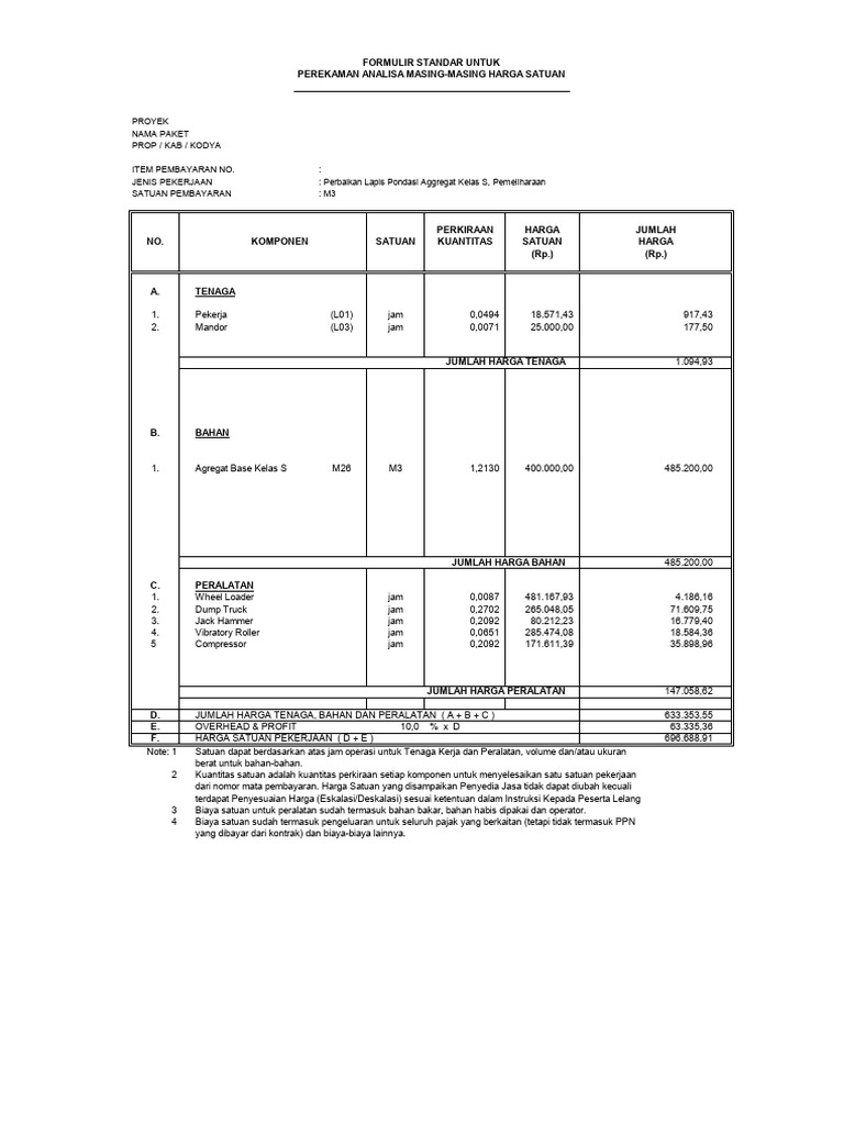 Analisa Harga Lapis Fondasi Agregat S | PDF