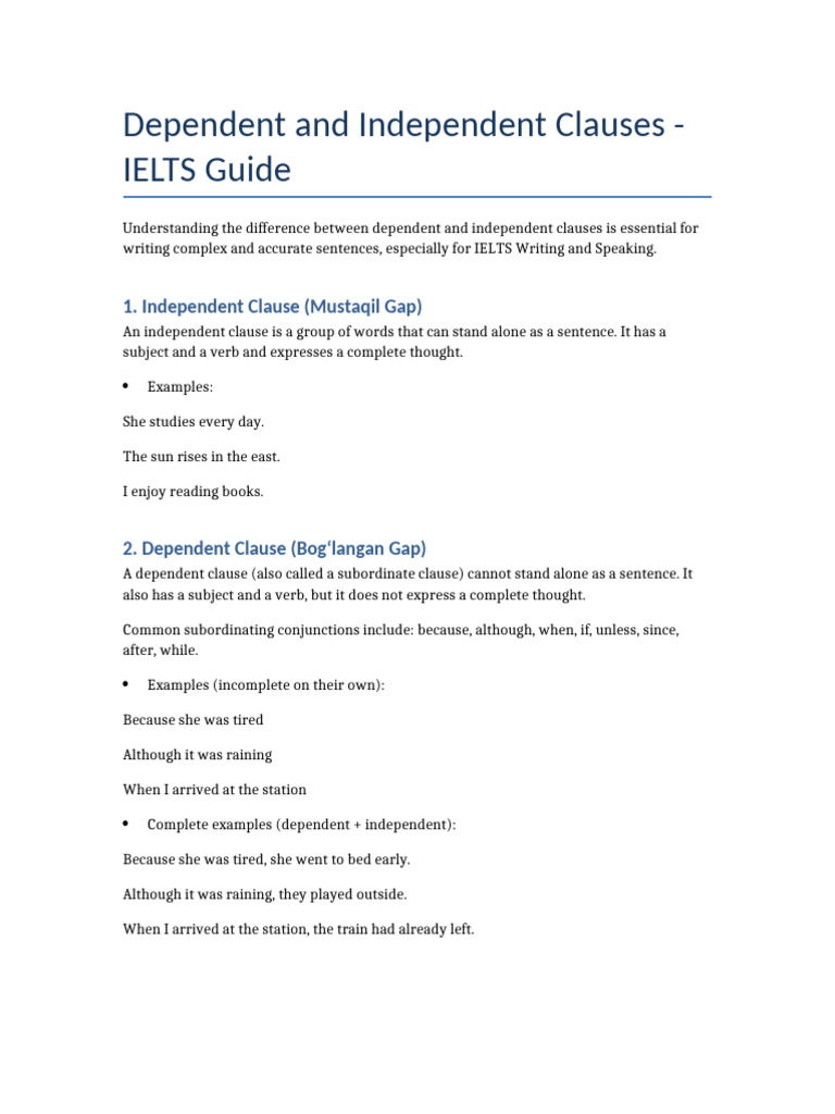 Dependent Vs Independent Clauses For IELTS | PDF