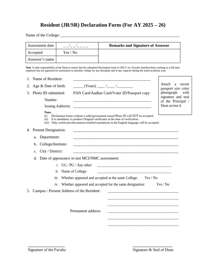 NMC Resident Declaration Form 2025-26 | PDF | Doctor Of Medicine ...