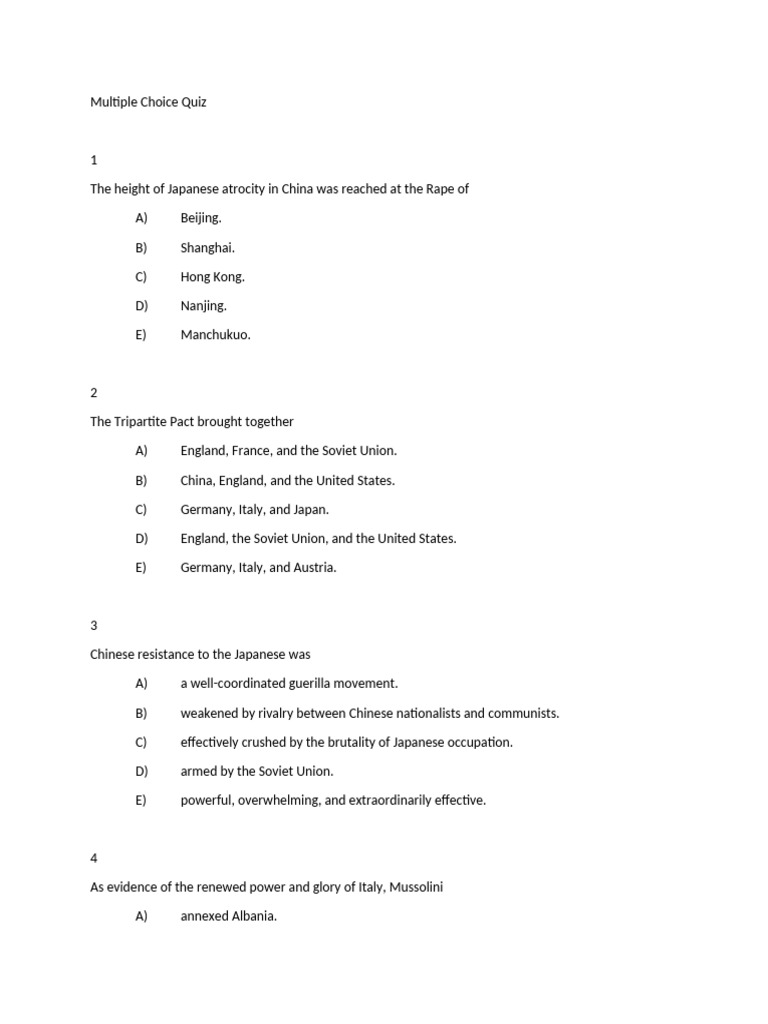 Unit 7 World War 2 Multiple Choice Quiz | PDF | Nazi Germany | Cuba