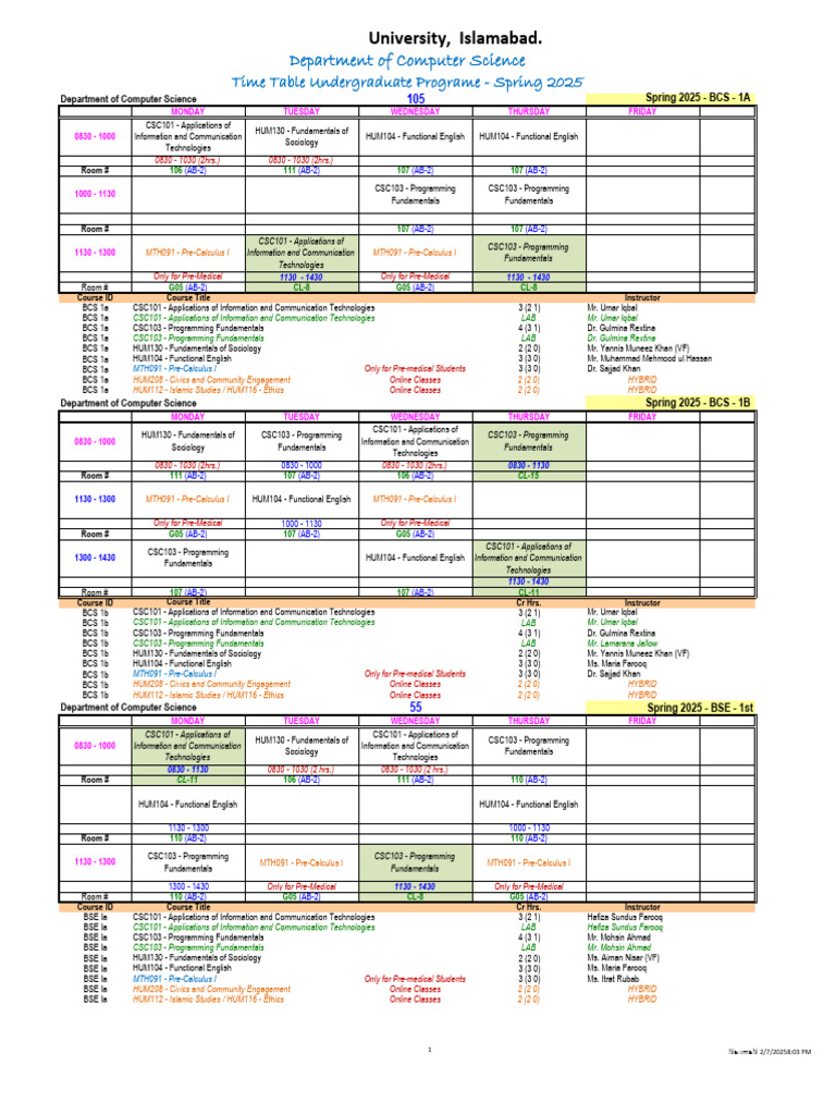 Computer Science - Time Table - Spring 2025 Feb. 10 | PDF | Computing