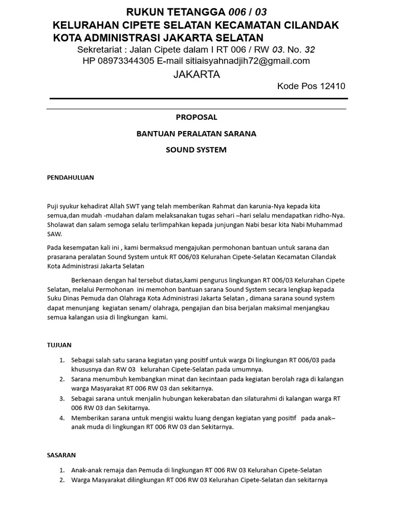 Proposal Pengadaan Sound System RT 006 | PDF