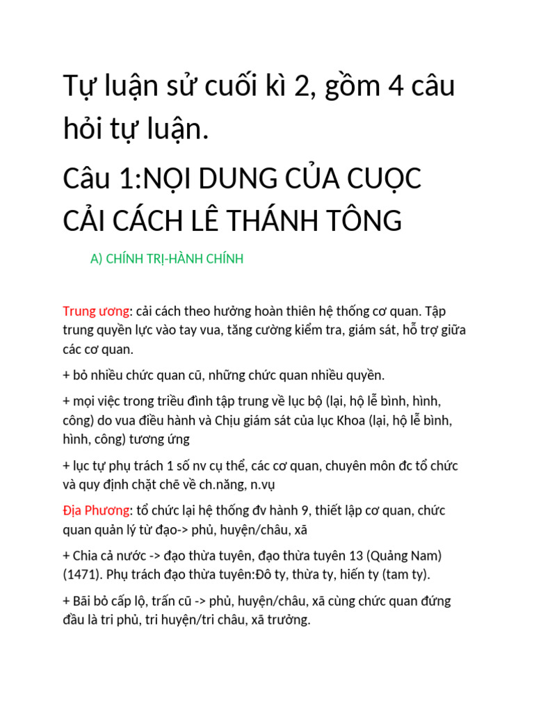 TỰ LUẬN SỬ CK2 | PDF