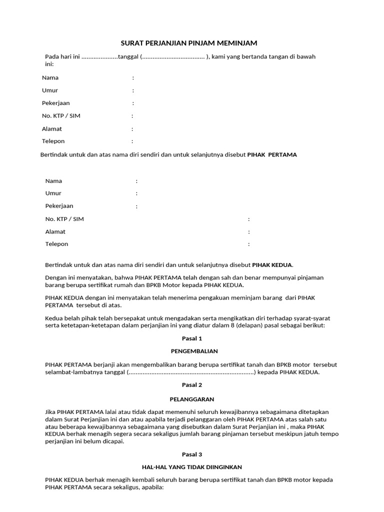 Surat Pernyataan Perjanjian PINJAM | PDF
