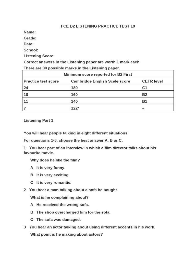 FCE B2 Listening Practice Test 10 | PDF