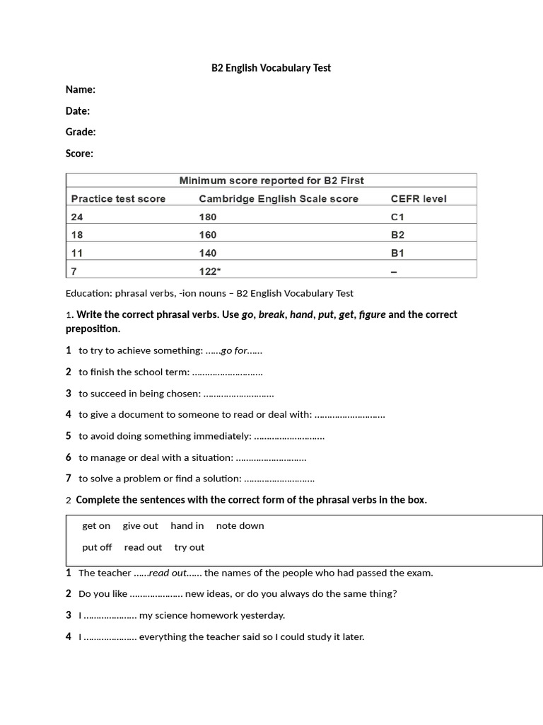 B2 English Vocabulary Test 1 EDUCATION GRADE11 Class June 2025 | PDF ...