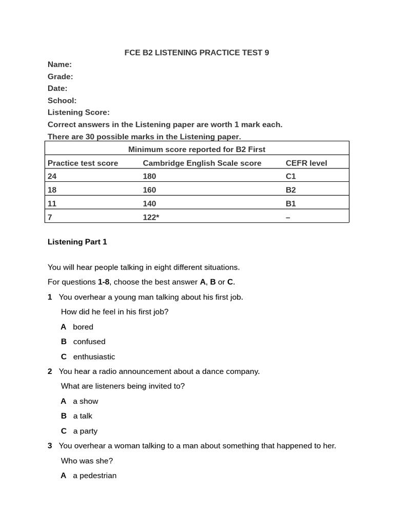 FCE B2 Listening Practice Test 9 | PDF