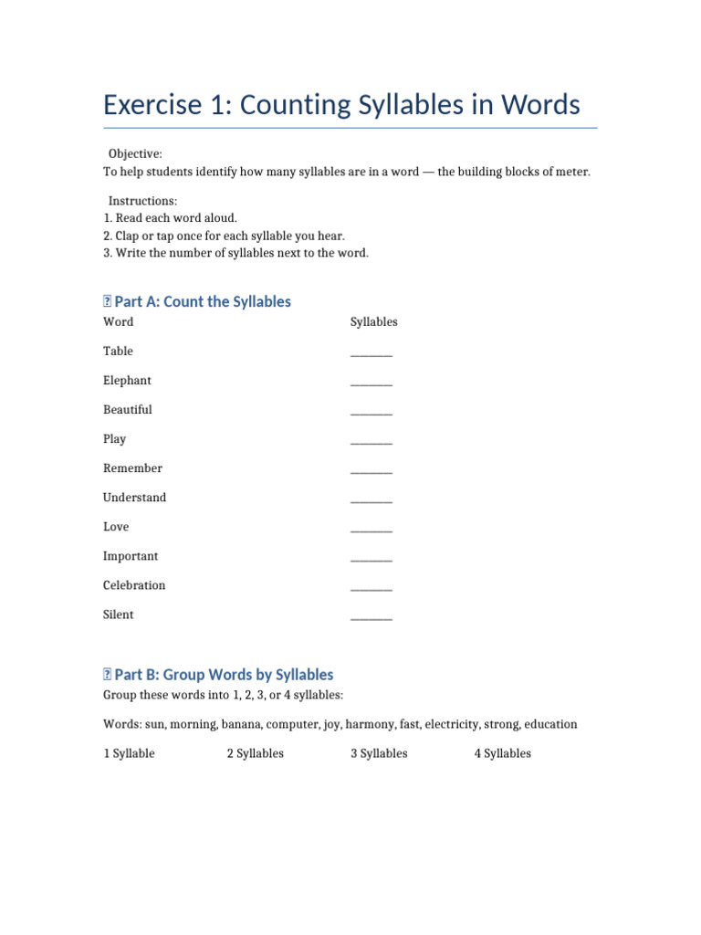 1 Syllables Exercise | PDF