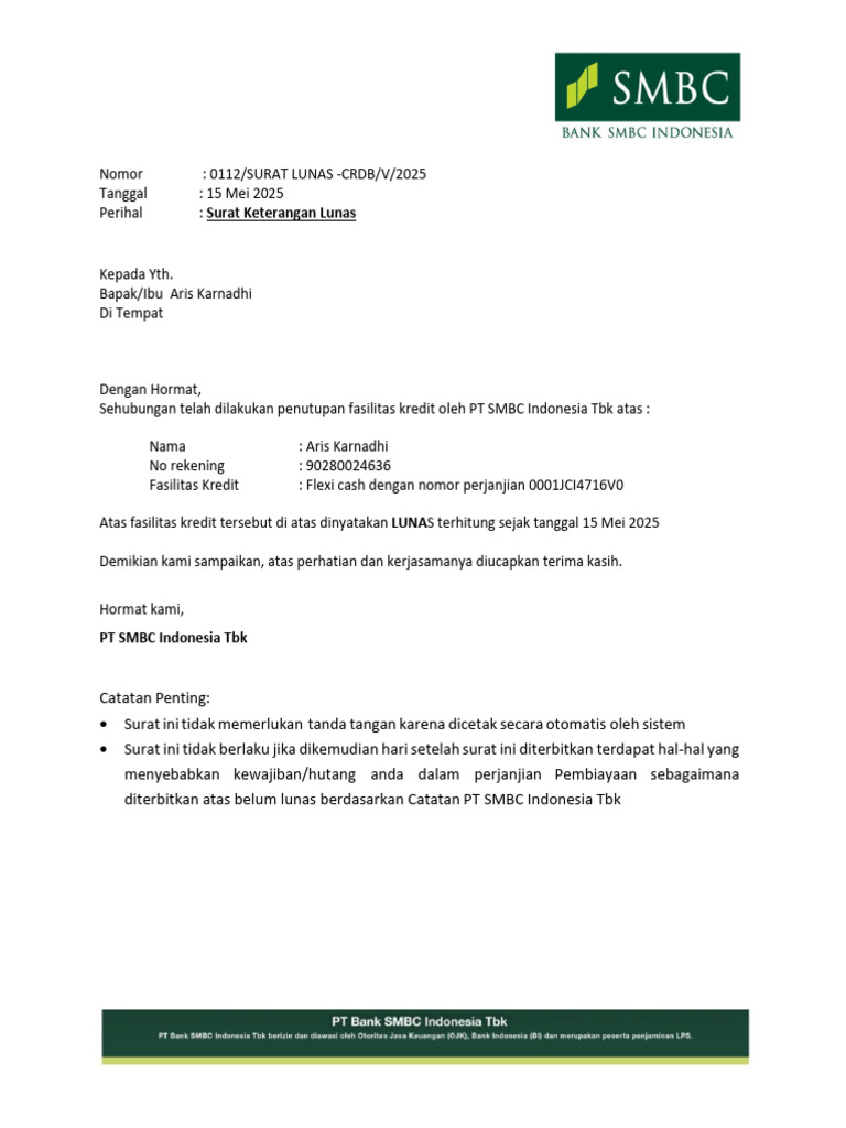 Surat Lunas SMBC Aris Karnadhi | PDF