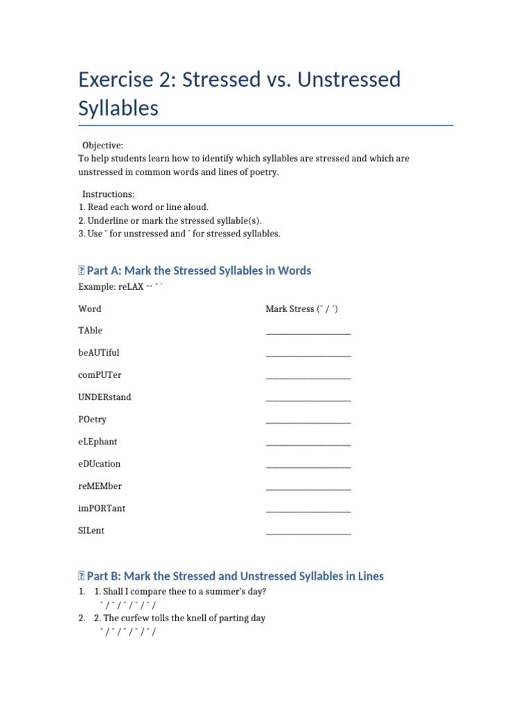 3 Stressed Unstressed Syllables Exercise | PDF
