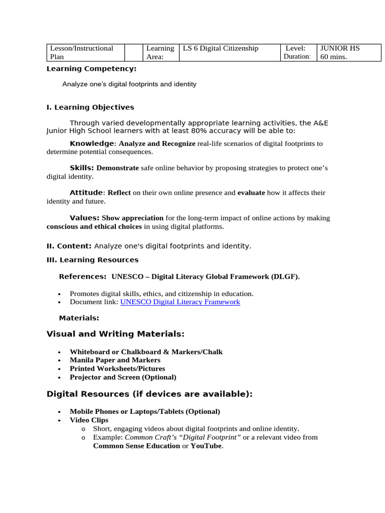 LS 6 JHS Q3 Week1 Dibuayan | PDF | Learning | Lesson Plan