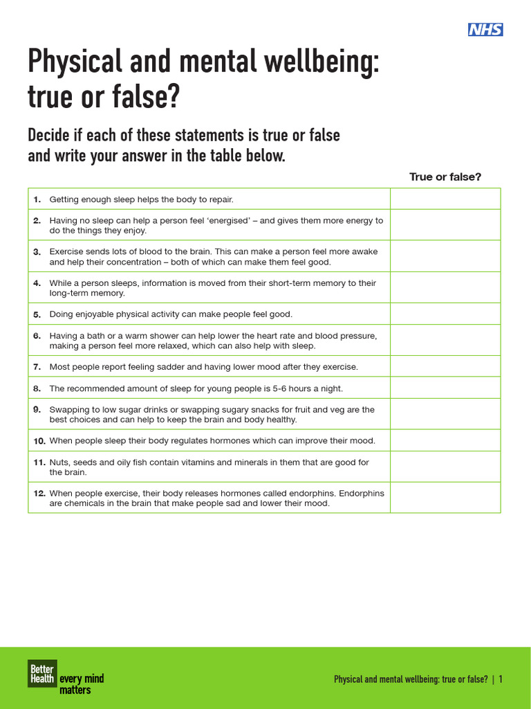 True or False Activity Sheet Harder KS34 | PDF | Sleep | Mood (Psychology)