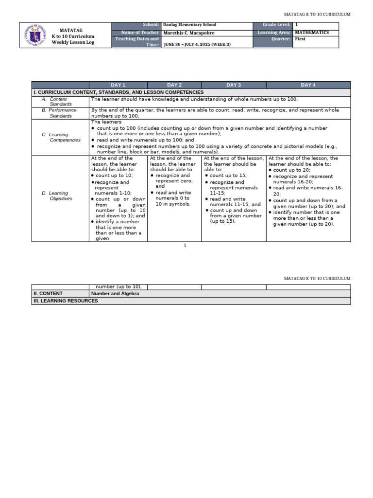 DLL Matatag Mathematics 1 q1 w3 | PDF | Curriculum | Learning