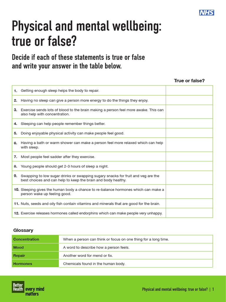 True or False Activity Sheet Easier KS34 | PDF | Sleep