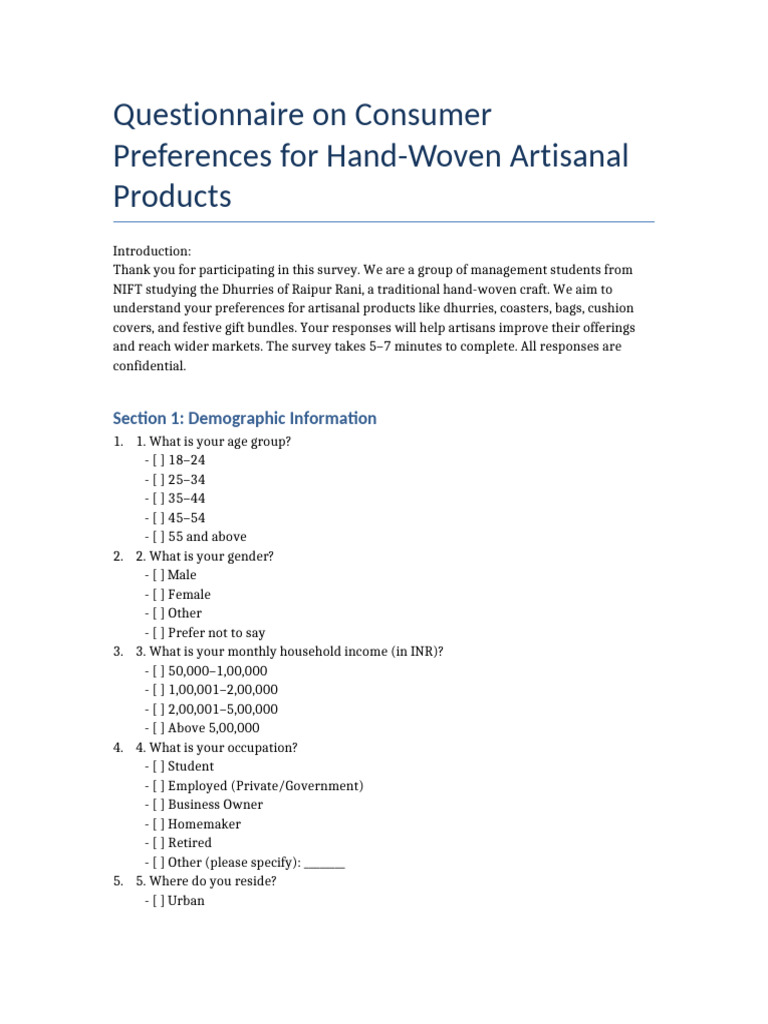 Consumer Preferences for Hand-Woven Artisanal Products | PDF ...