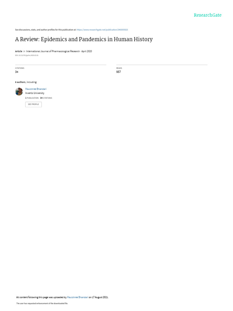 Review of Historical Epidemics and Pandemics | PDF | Pandemic | Influenza
