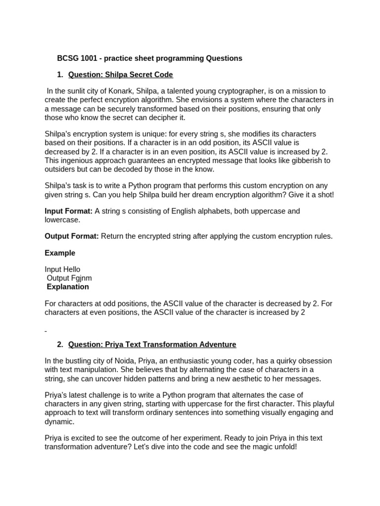BCSG 1001 - Practice Sheet Programming Questions | PDF | String (Computer Science) | Encryption