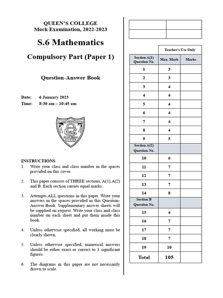 6a - S.6 Mock - P1 (QA Book) - Final | PDF | Surface Area | Circle