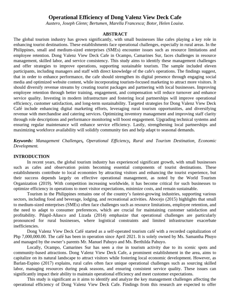 Operational Efficiency of Dong Valenz View Deck Cafe | PDF | Employee Retention | Survey Methodology