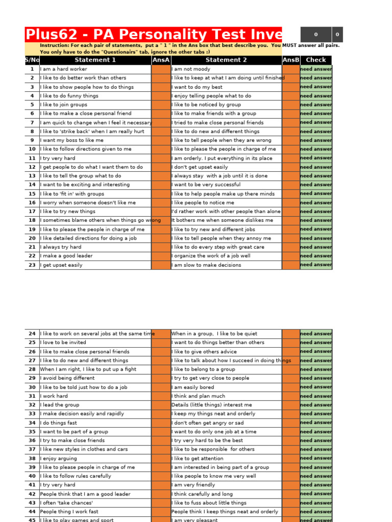 PA Personality Test Questionnaire | PDF