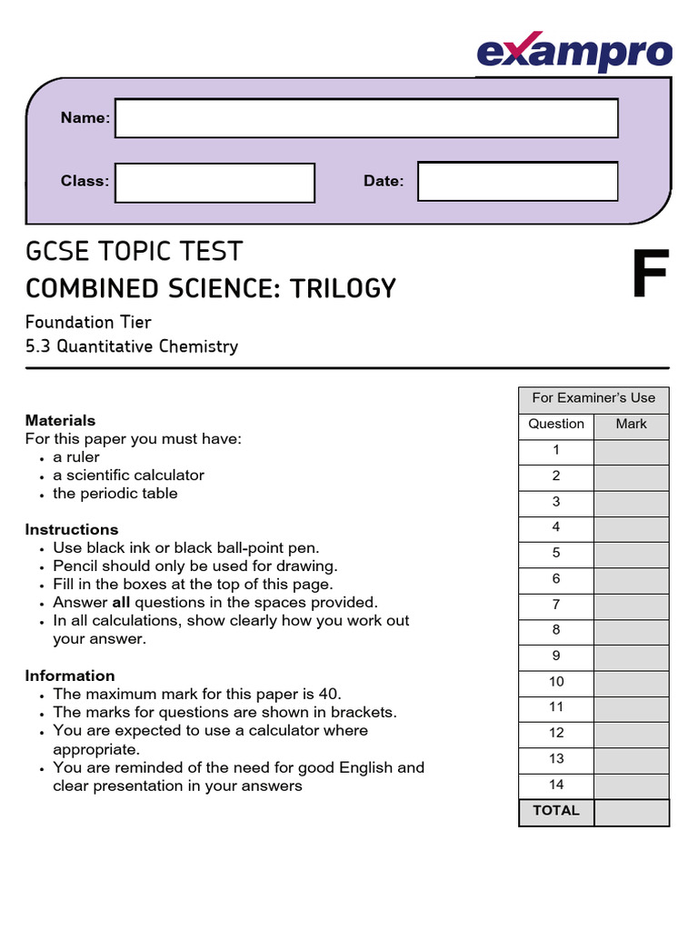 GCSE Combined Science: Quantitative Chemistry Test | PDF | Oxide ...