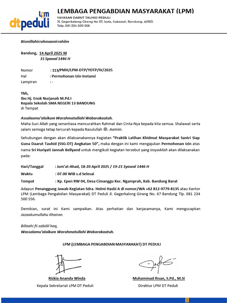 113-PMH-LPM-YDTP-IV-Surat Izin Instansi-Sri Huriyati Jannah Bellyand ...