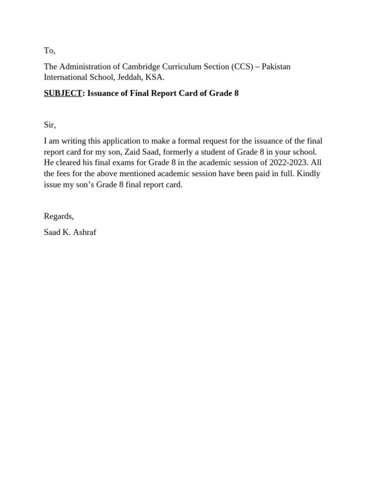 Request for Grade 8 Report Card | PDF