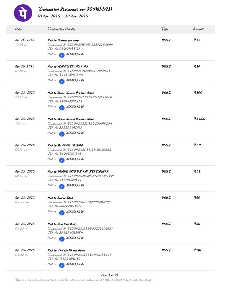 PhonePe Statement Apr2025 Apr2025 | PDF | Debit Card | Debits And Credits