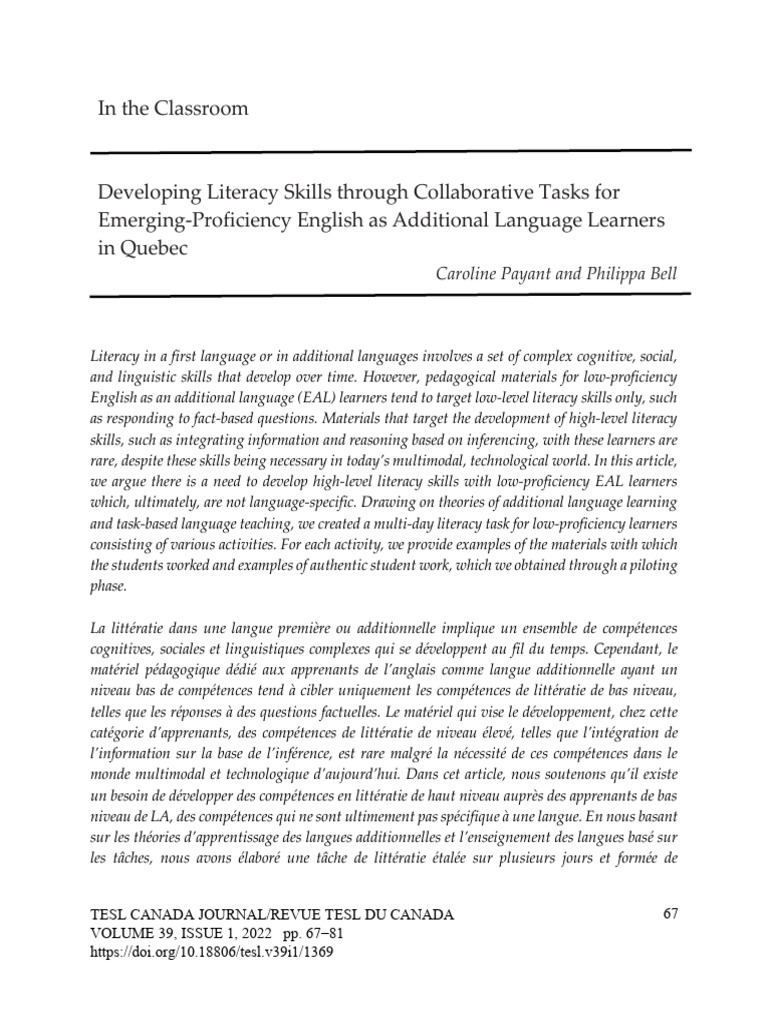 Payant - Developing Literacy Skills Through Collaborative Tasks For | PDF | English As A Second ...