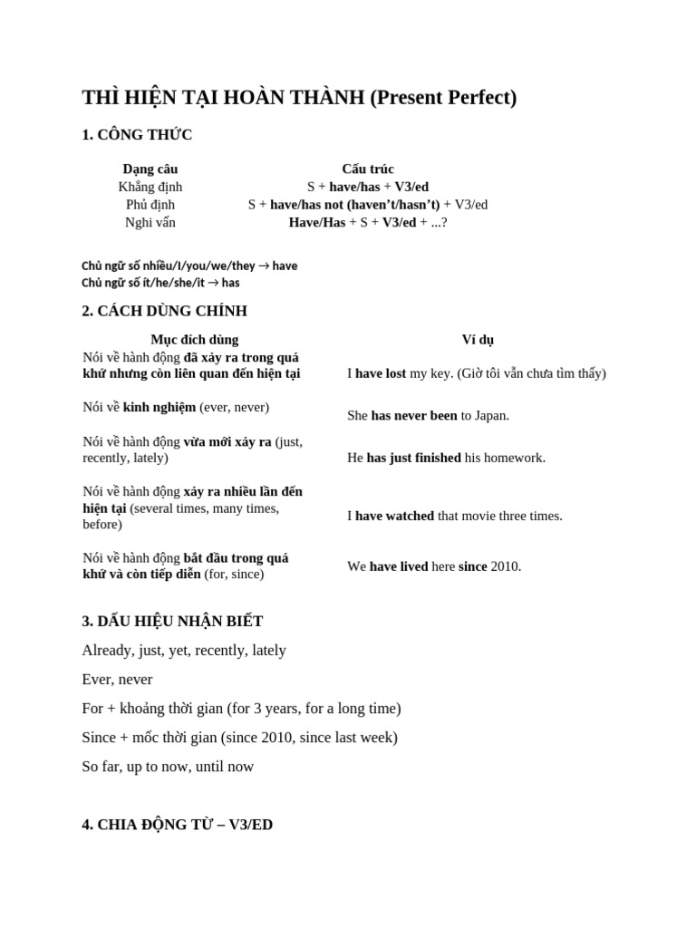 Handout 2 - Ôn Tập Thì HTHT | PDF