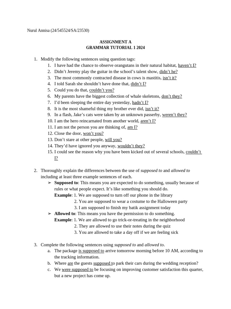 Grammar Tutorial Assignment A | PDF